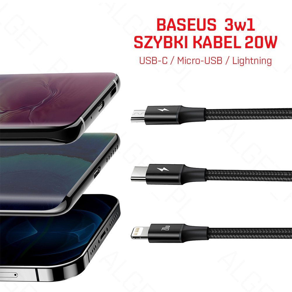 Kabel Baseus 3w1 Lightning USB-C Micro USB 20W PD