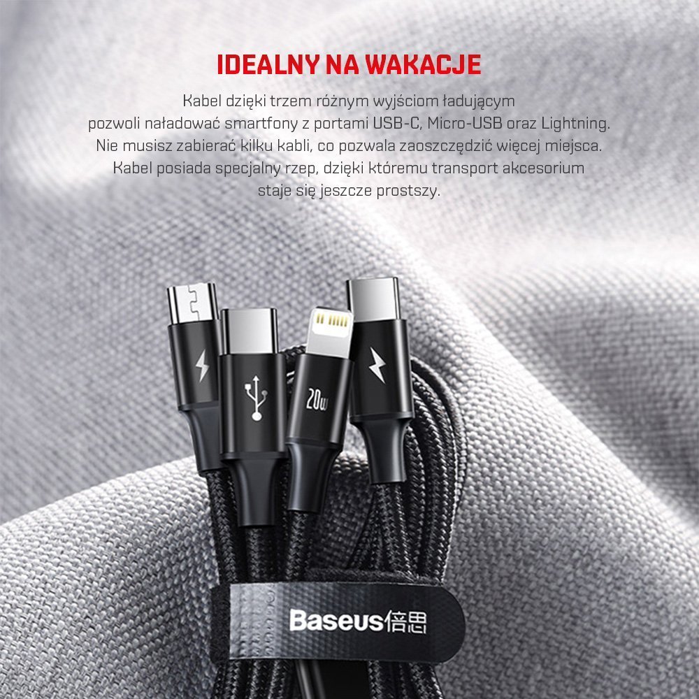 Kabel Baseus 3w1 Lightning USB-C Micro USB 20W PD