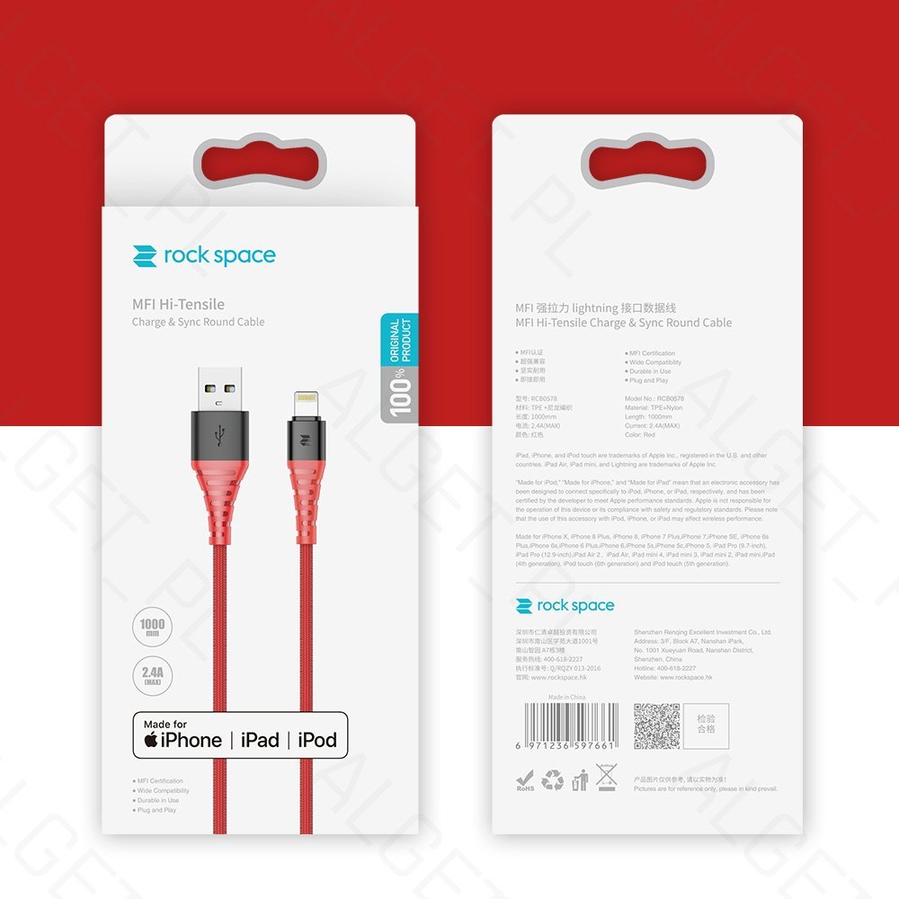Kabel Wzmacniany USB ROCK SPACE Lightning MFI100cm