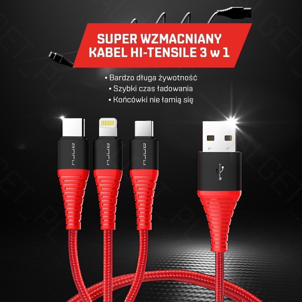 Kabel ROCK 3w1 Lightning & Micro USB & USB-C 3A
